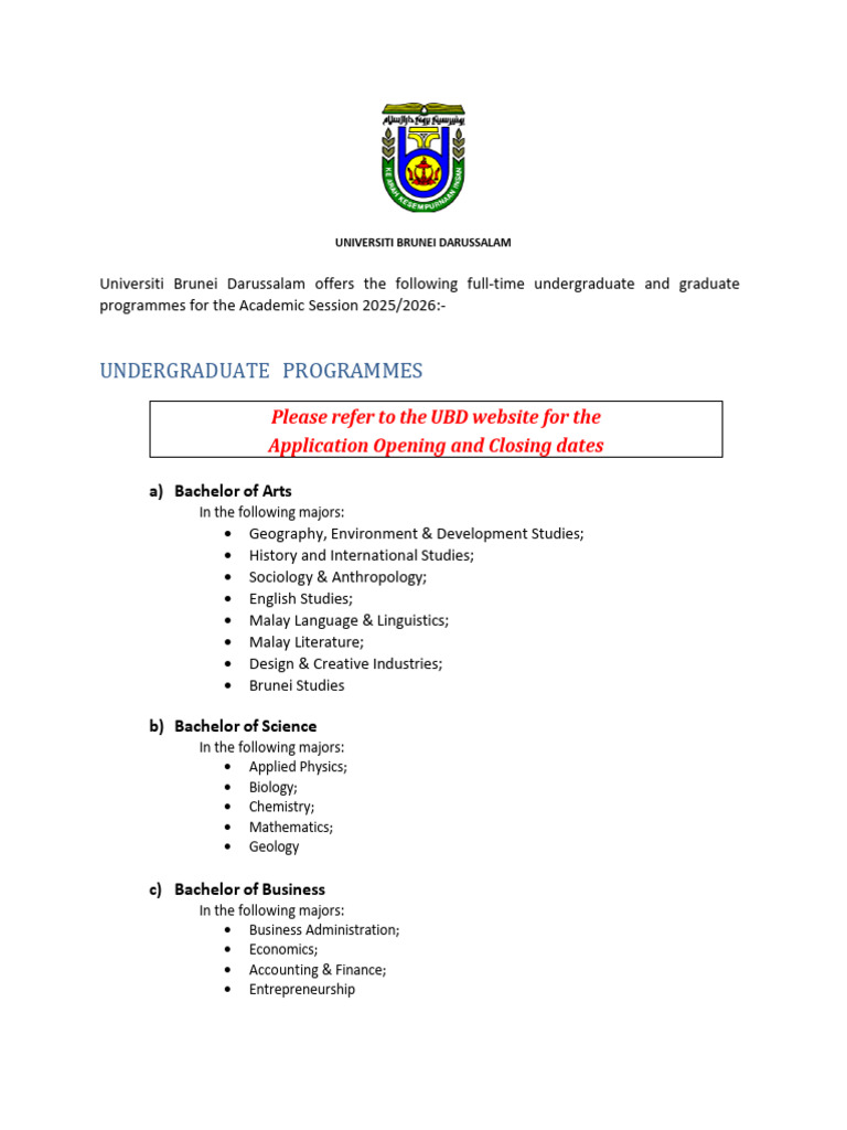 UBD - Programmes Offer For 2025-2026 | PDF | Bachelor's Degree | Diploma