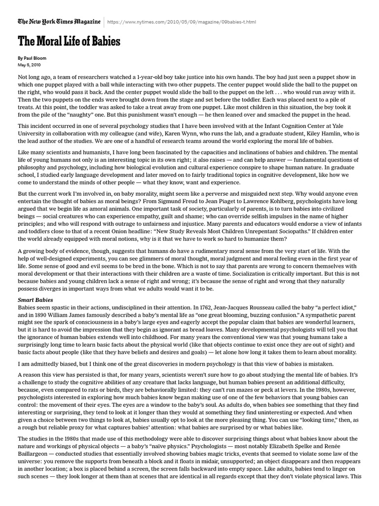 The Moral Life of Babies The New York Times | PDF | Morality | Evolution