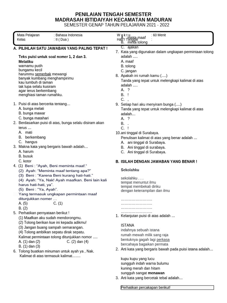 Lembar Soal PTS Genap B.indo Kelas 2 | PDF