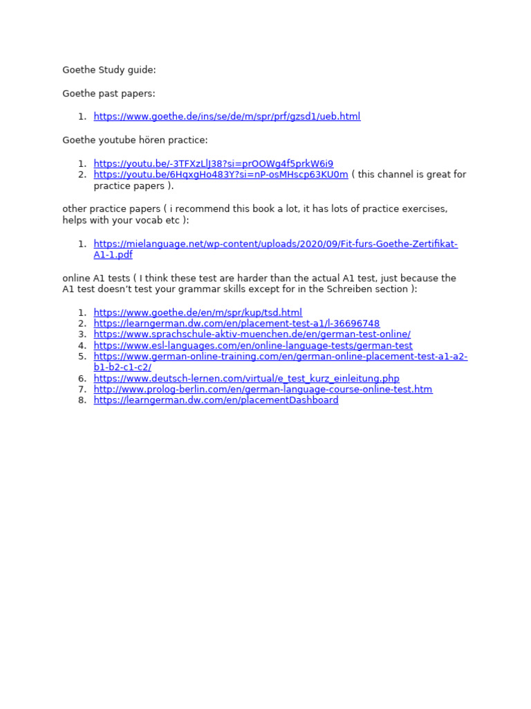 Goethe A1 Exam Preparation Resources | PDF