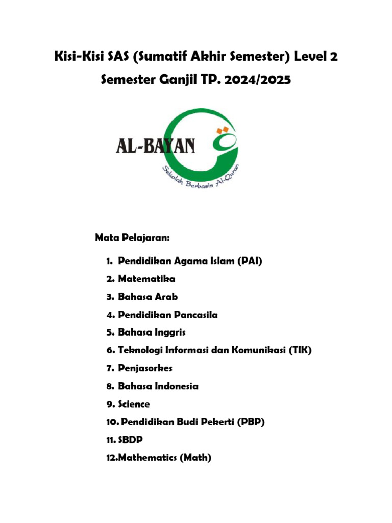 Kisi-Kisi SAS Semster Ganjil TP. 2024-2025 | PDF