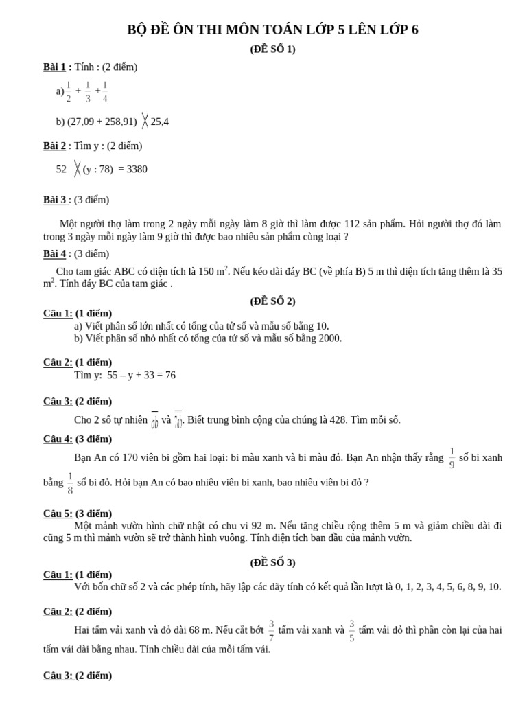 Bo de On Thi Mon Toan Lop 5 Len Lop 6 | PDF