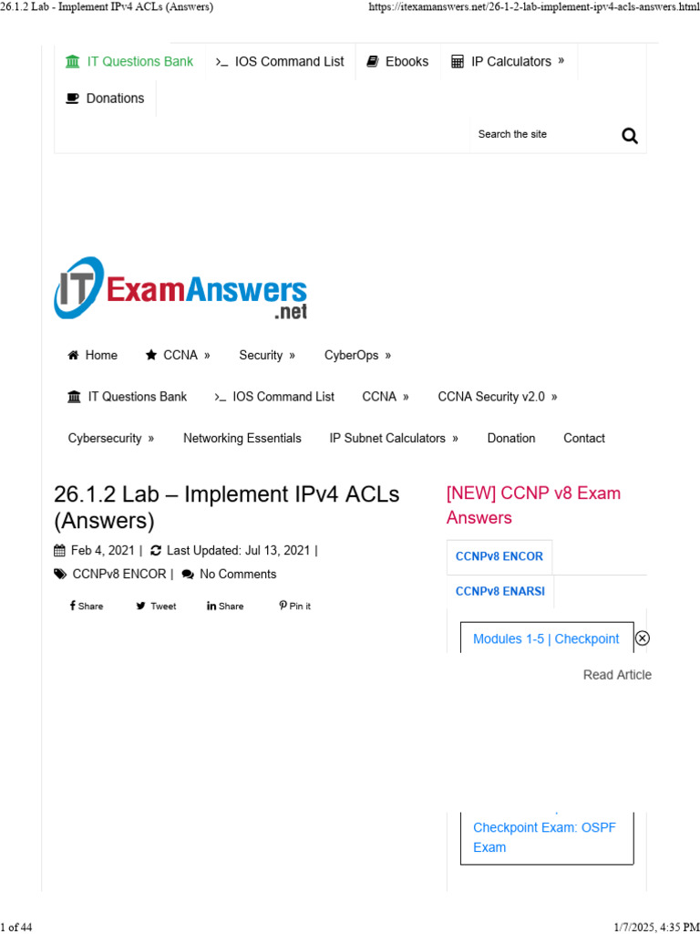 26.1.2 Lab - Implement IPv4 ACLs (Answers) | PDF | Internet Protocols | Cisco Certifications