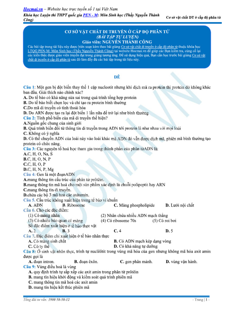 BTTL Thanh Phan Hoa Hoc Cua Te Bao - Gen - Ma Di Truyen - Sinh Hoc - Lop 12 | PDF