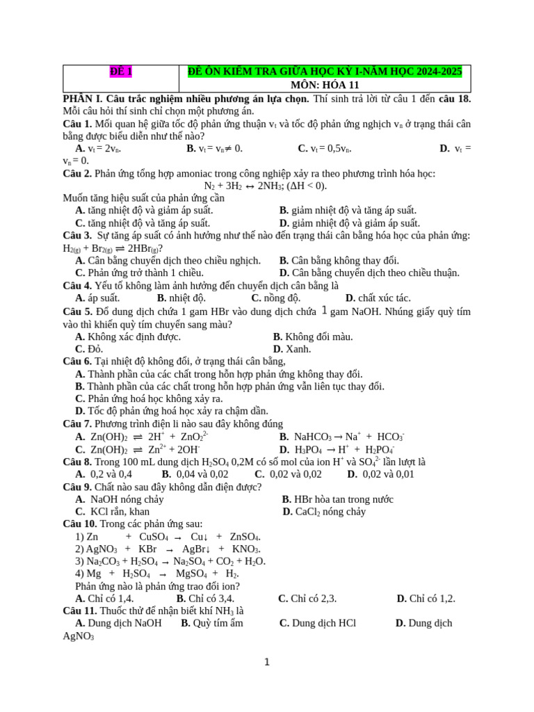 Bo de On Tap KTGK1 - Hoa 11 - 2024 | PDF