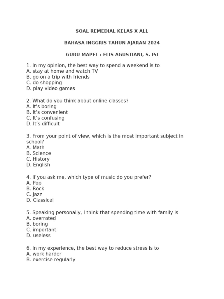 Elis Agustiani SOAL REMEDIAL KELAS X ALL ELIS 2024 | PDF