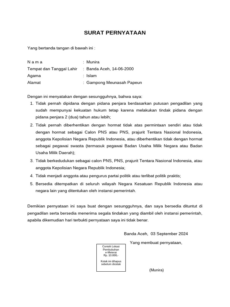 Format Surat Pernyataan 5 Poin | PDF