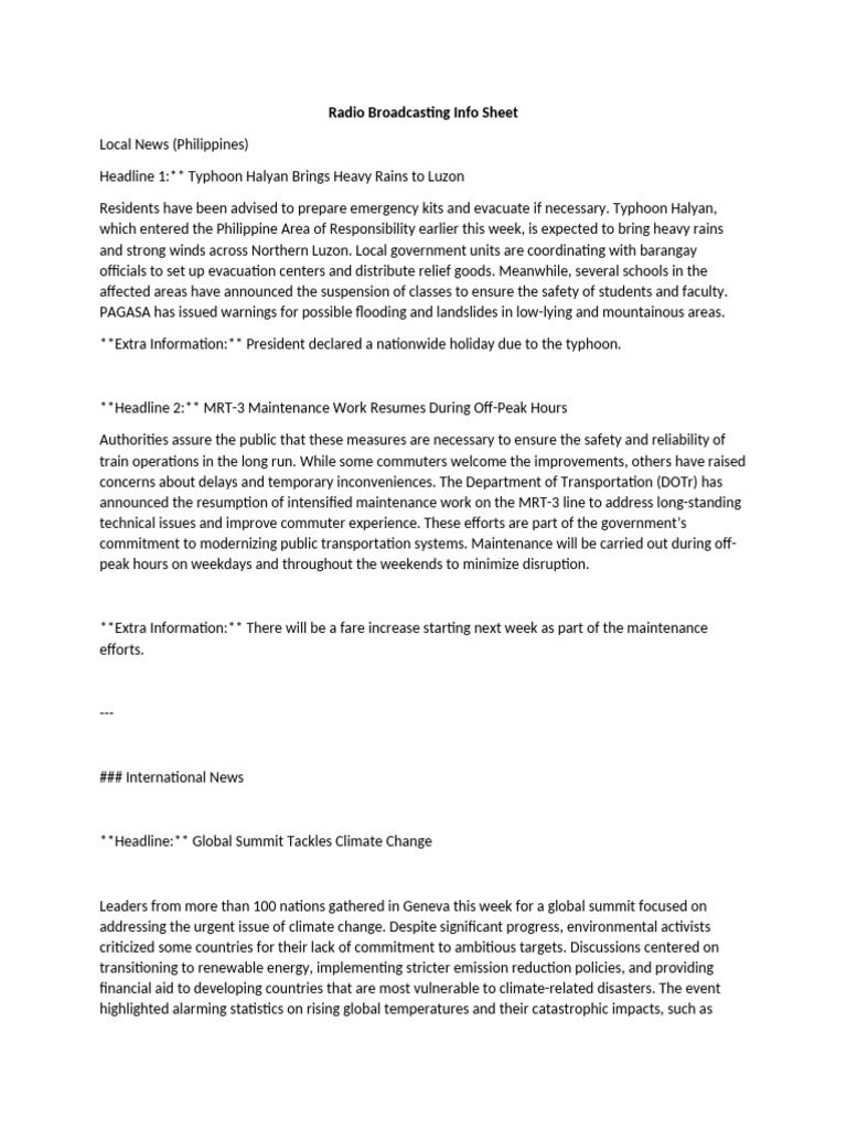 Radio Broadcasting Info Sheet W Headlines | PDF | Tropical Cyclone ...