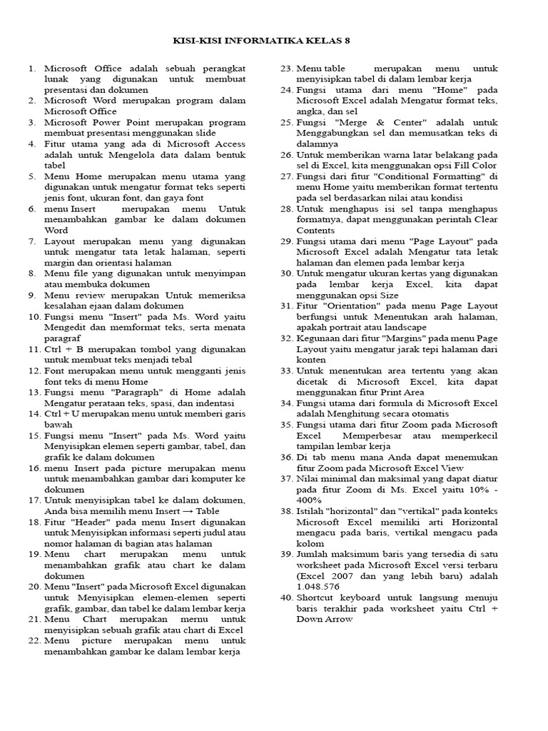 Kisi-Kisi Informatika Kelas 8 | PDF