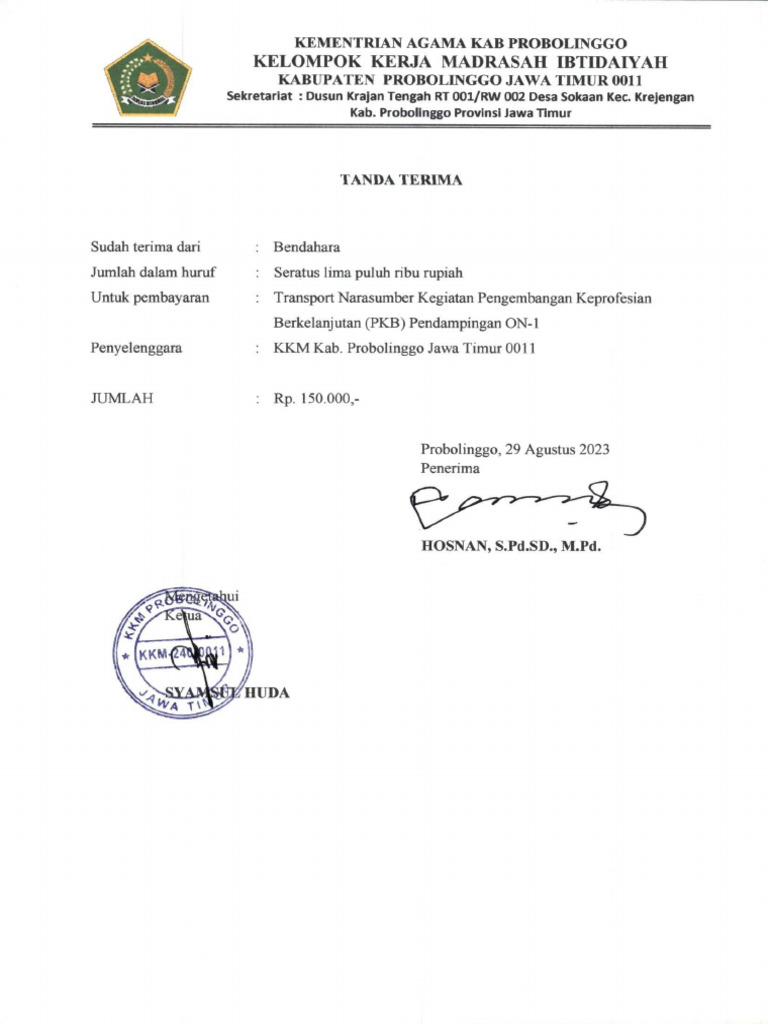 Tanda Terima Transport Narasumber - Hosnan - 29 Agt | PDF