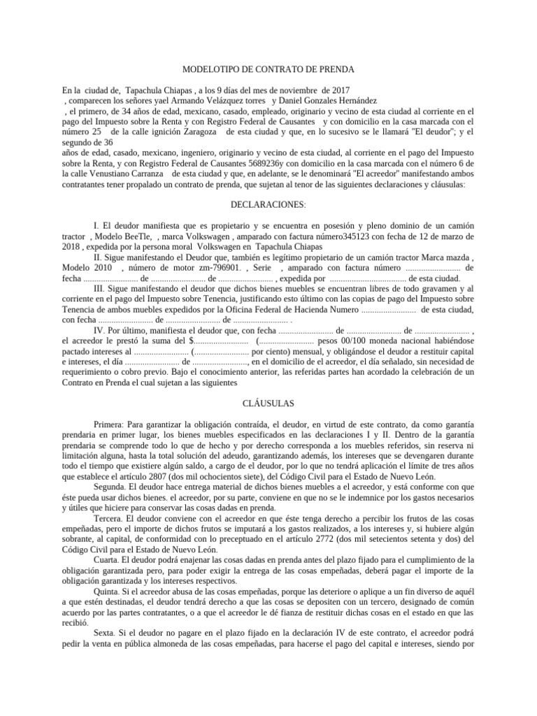 Modelotipo de Contrato de Prenda | PDF | Pagos