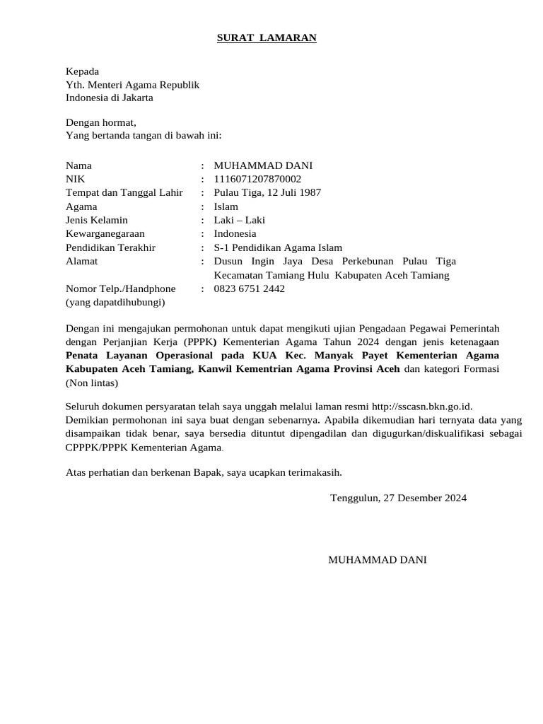 Contoh SURAT LAMARAN & Surat Pernyataan CPPPK tahap 2 | PDF