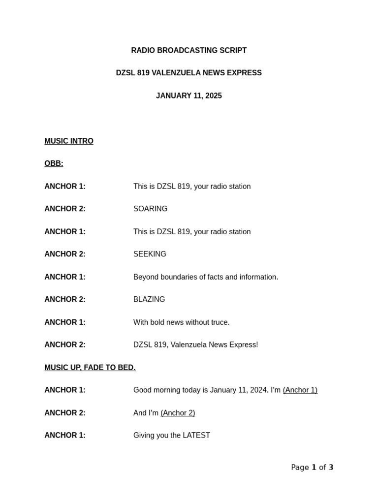 Radio Broadcasting Script Format | PDF