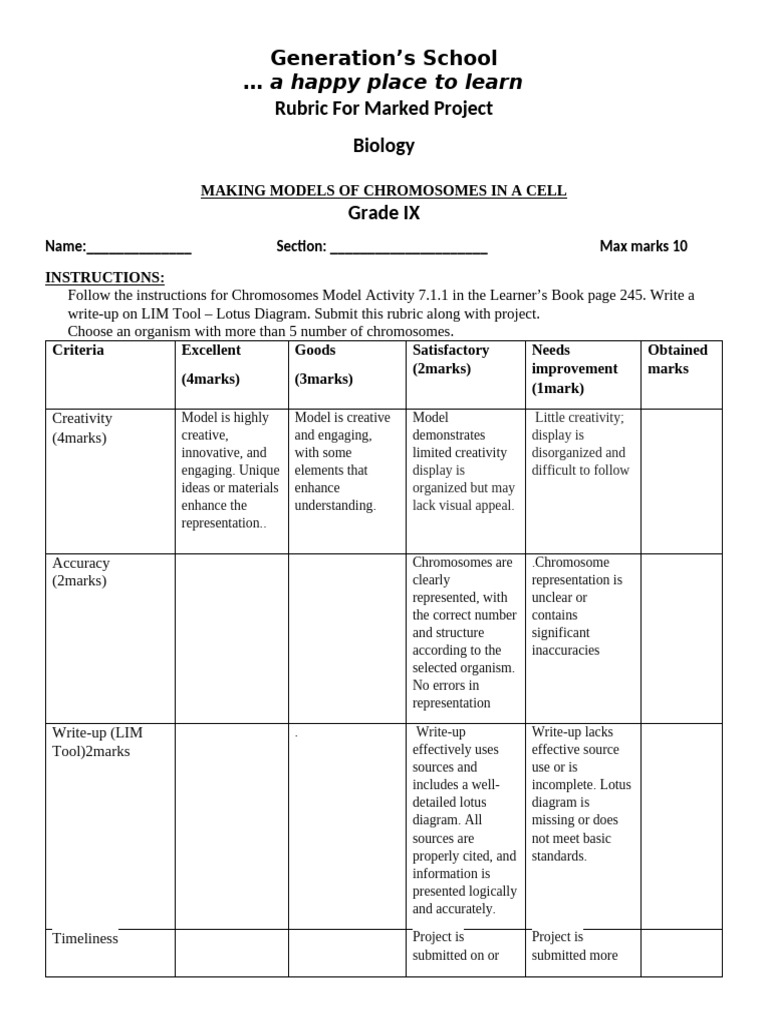 Grade IX Biology Chromosome Project Rubric | PDF | Rubric (Academic ...