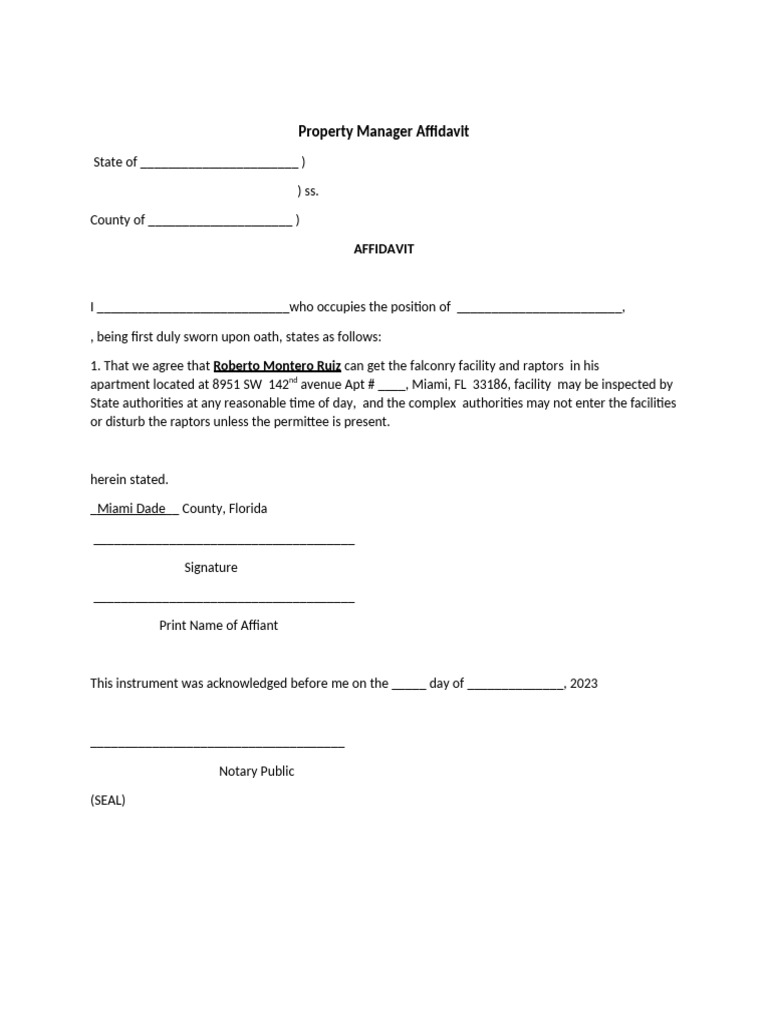 Property Manager Affidavit for Falconry | PDF