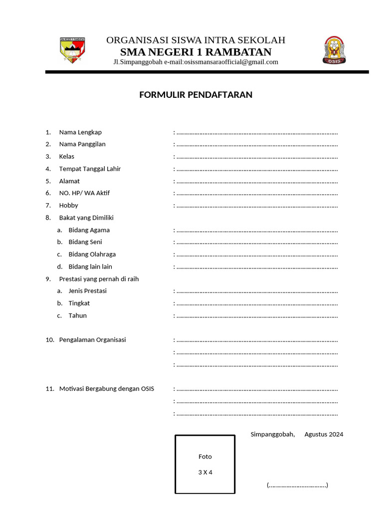 Formulir Pendaftaran Osis Salinan | PDF