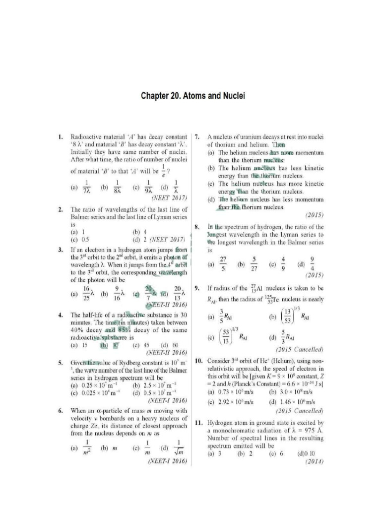 Atoms and Nuclei Neet Pyq | PDF