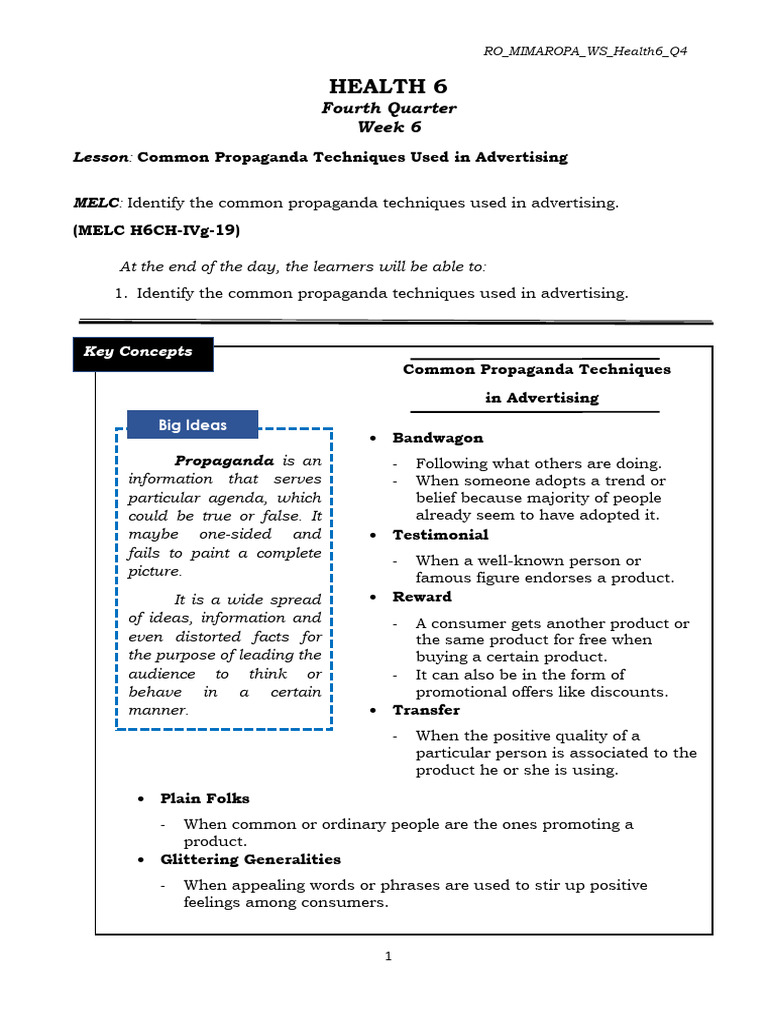 Health6WS Q4 Week 6 | PDF | Propaganda | Advertising