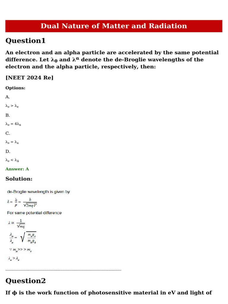 Dual Nature of Radiation and Matter Neet Pyq | PDF | Photoelectric Effect | Electronvolt
