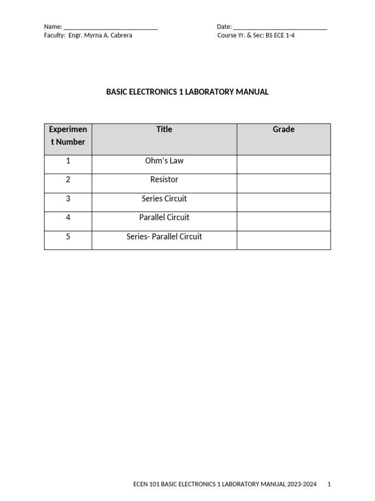 Basic Electronics 1 Lab Manual 2024 1 | PDF | Resistor | Electrical Resistance And Conductance