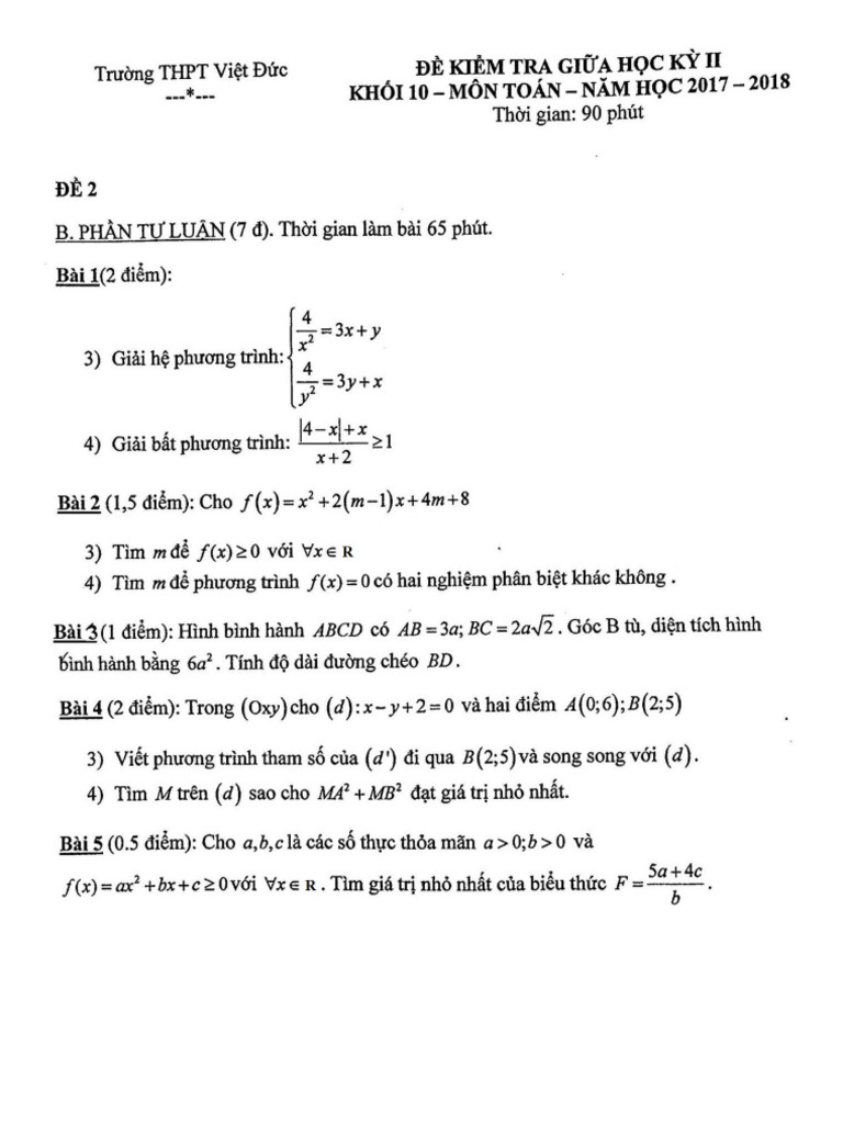 De Kiem Tra Giua Hoc Ky 2 Mon Toan 10 Nam 2017 2018 Truong THPT Viet Duc Ha Noi | PDF