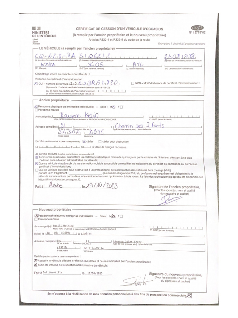 Certificat De Cession De Vehicule D Occasion