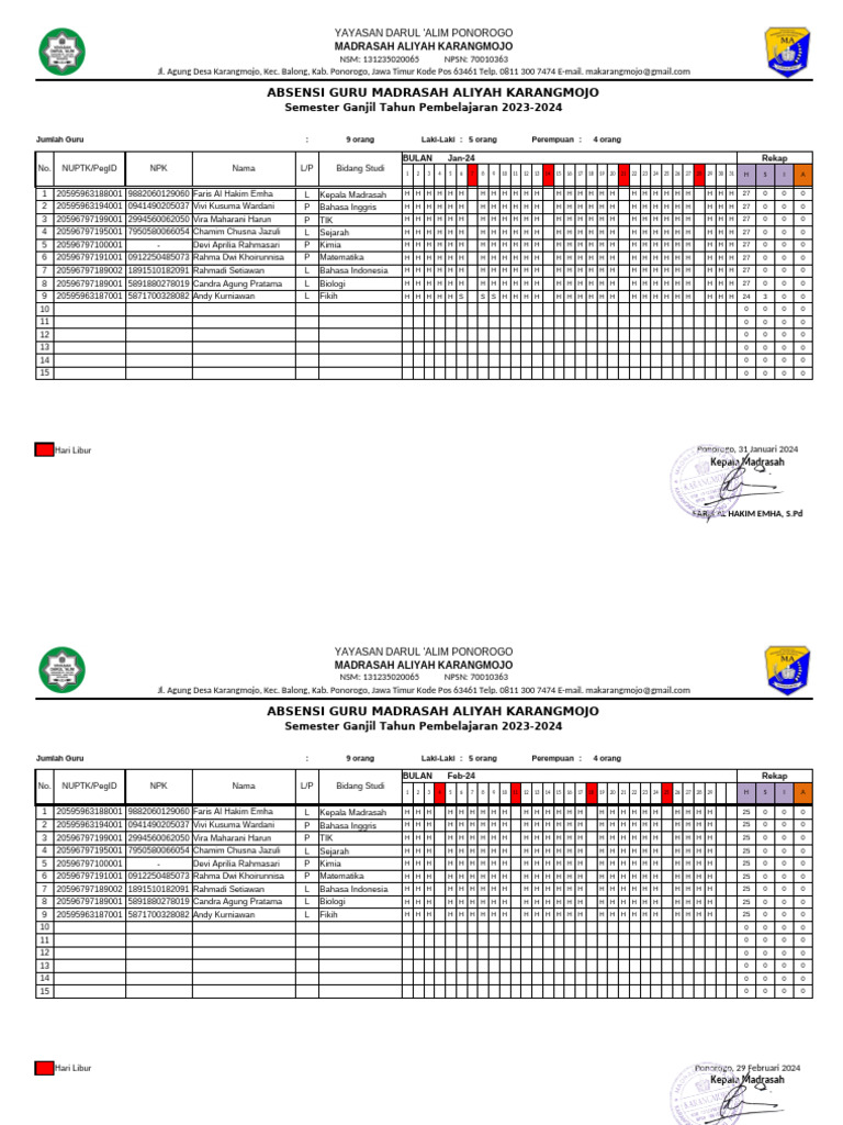 FORMAT ABSENSI GURU EXCEL ORI-2023-2024 - MA Karangmojo | PDF