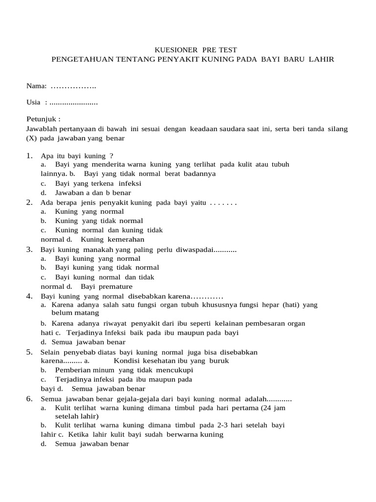 KUESIONER_PRE_TEST_PENGETAHUAN_TENTANG_PENYAKIT_KUNING_PADA_BAYI[1] | PDF