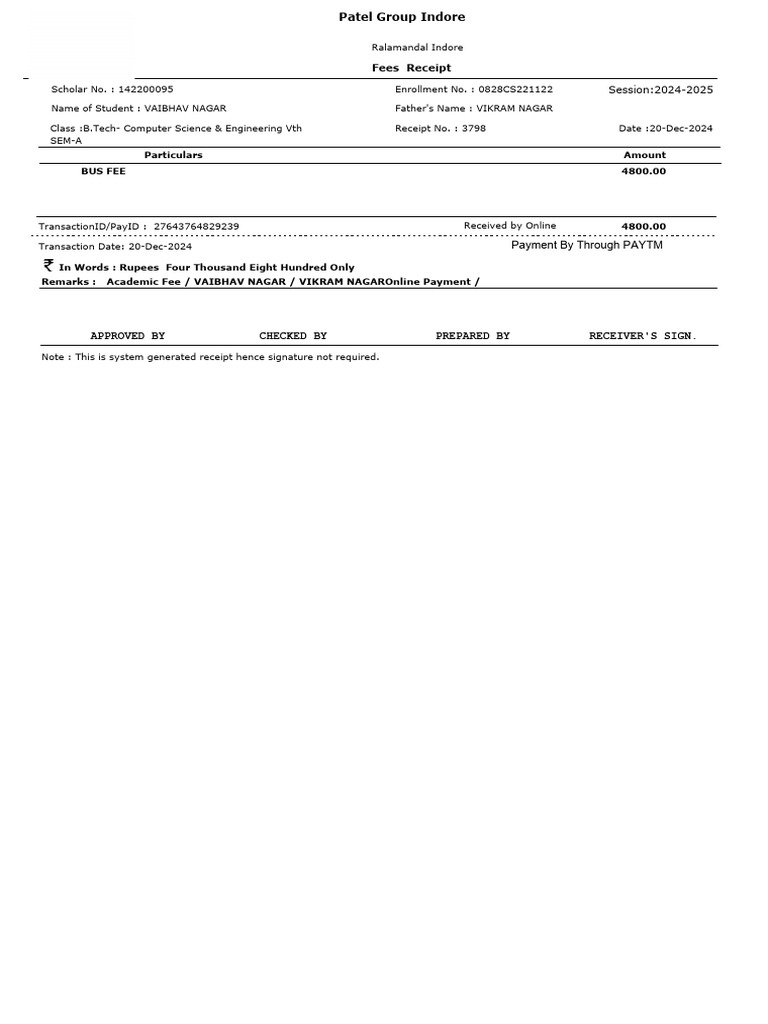 B.Tech Fee Receipt for Vaibhav Nagar | PDF