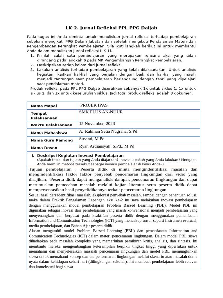 LK-2. Siklus 2 Jurnal Refleksi PPL PPG Daljab - A Rahman Setia Nugraha | PDF