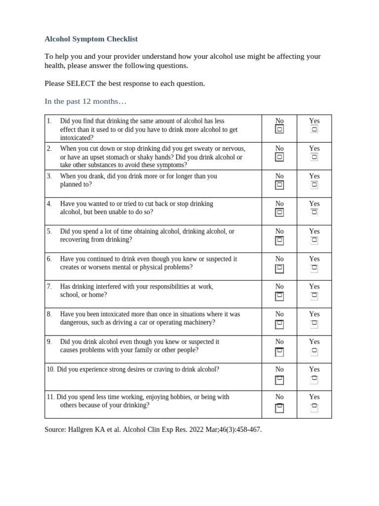 Alcohol Symptom Checklist | PDF