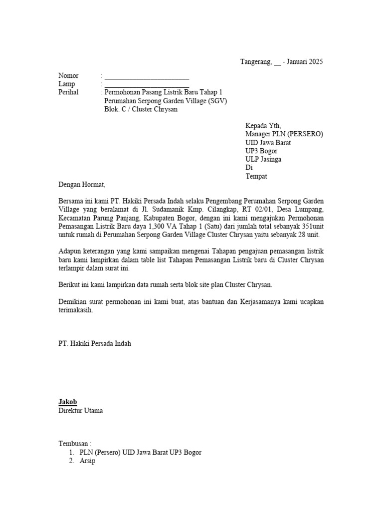 Draft Surat Permohonan Pasang Listrik Baru Tahap 1 SGV Blok C | PDF