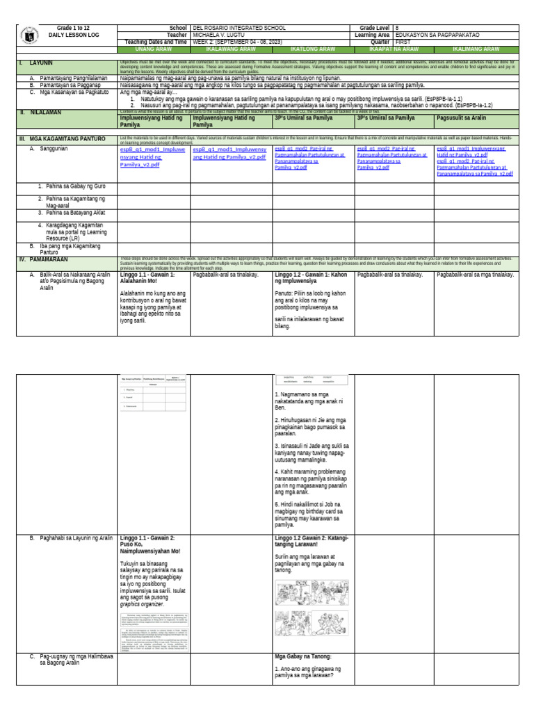 ESP 8 - Q1 WEEK 2 - SEPT 4-8, 2023 | PDF