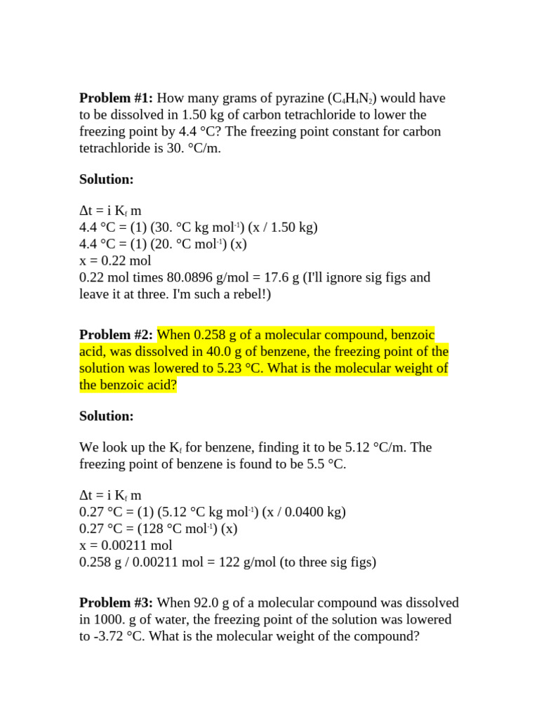 Freezing-point-depression-problems | PDF | Mole (Unit) | Physical Chemistry