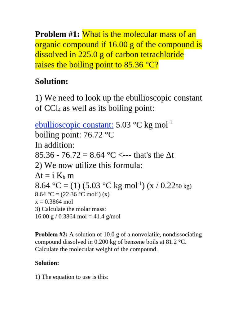 Boiling Point Elevation Problems | PDF | Mole (Unit) | Chemical Substances