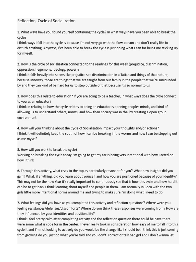 Copy of Reflection, Cycle of Socialization | PDF | Socialization ...