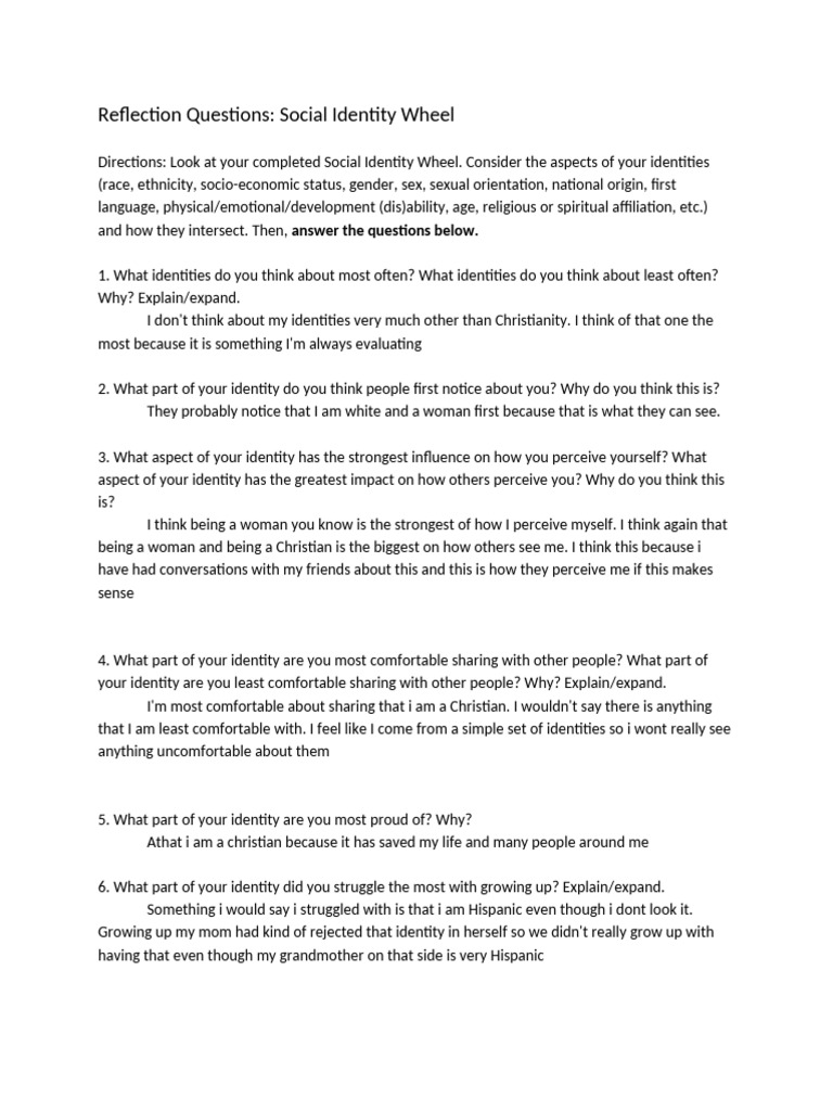 Social Identity Wheel Reflection (Summer 2024) | PDF | Identity (Social Science) | Intersectionality