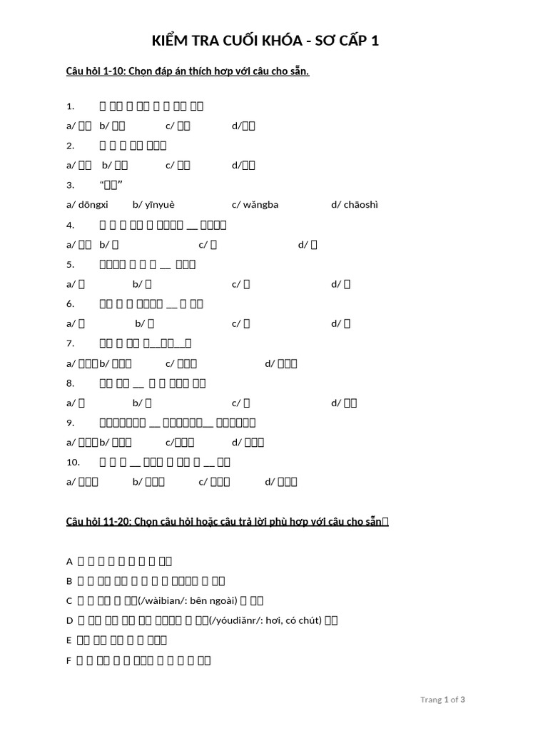 Kiem-tra-cuoi-khoa-hsk1 | PDF