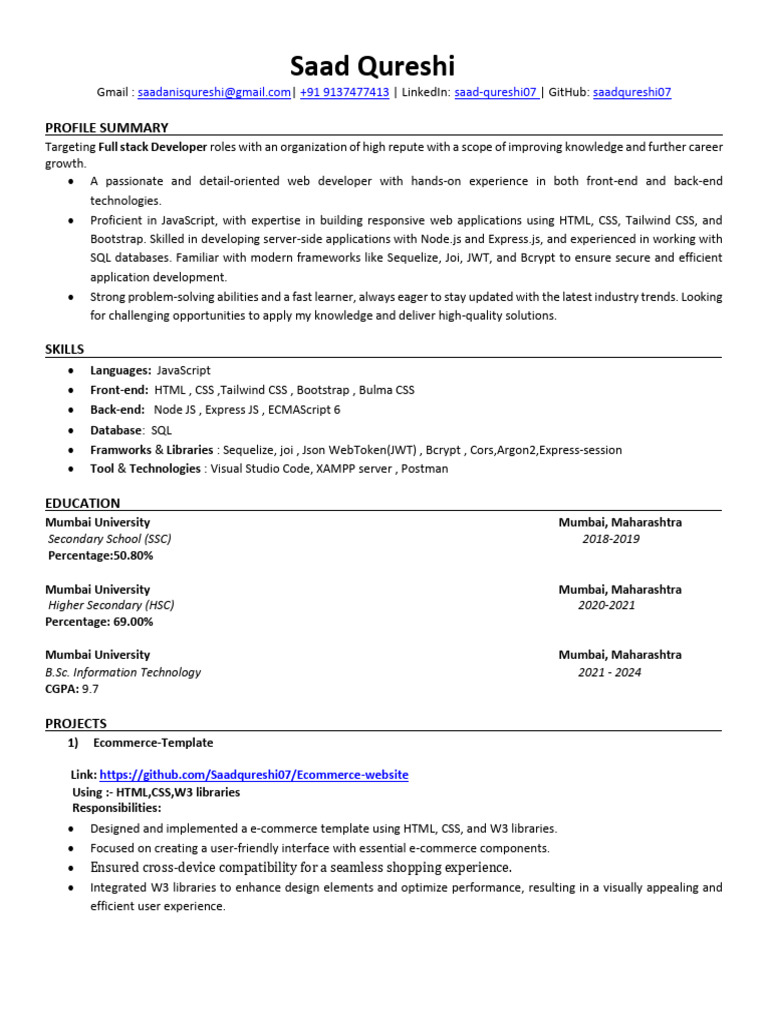 Saad Qureshi Resume-1-4 - Compressed | PDF | Java Script | Bootstrap (Front End Framework)