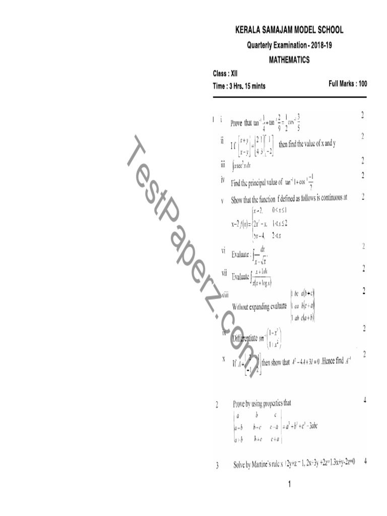 KSMS Quarterly Exam Maths | PDF