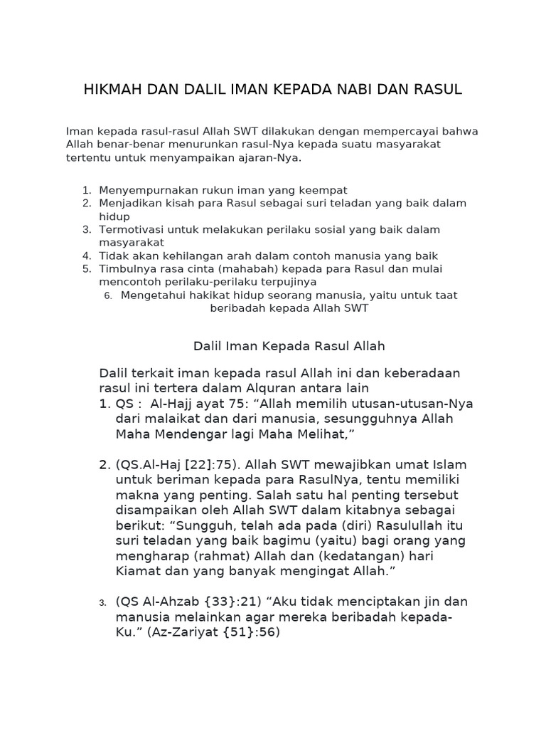 HIKMAH DAN DALIL IMAN KEPADA NABI DAN RASUL | PDF