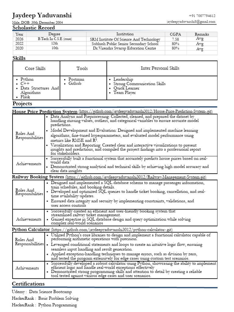 Jaydeep Yaduvanshi CV | PDF | Python (Programming Language) | Databases