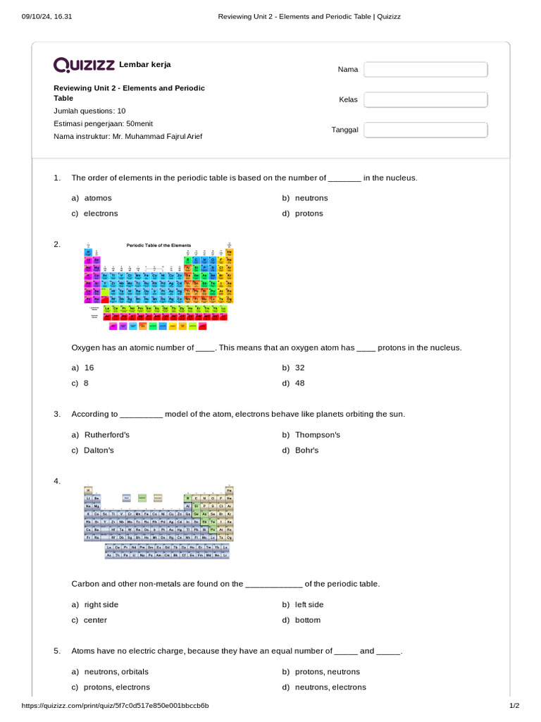 Reviewing Unit 2 - Elements and Periodic Table - Quizizz | PDF | Ion ...