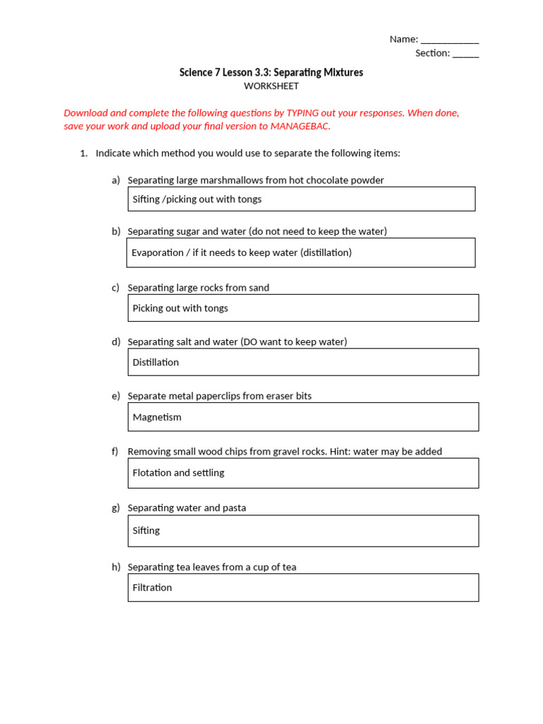 3.3 Separating Mixtures WORKSHEET | PDF