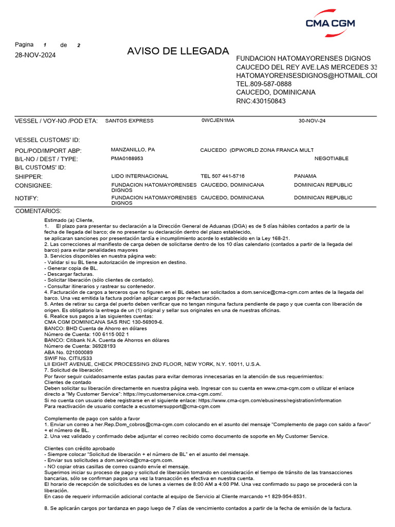 NOA - CMACGM - Notice of Arrival - SANTOS EXPRESS - 0WCJEN1MA 9110748742340000 | PDF | Economias ...