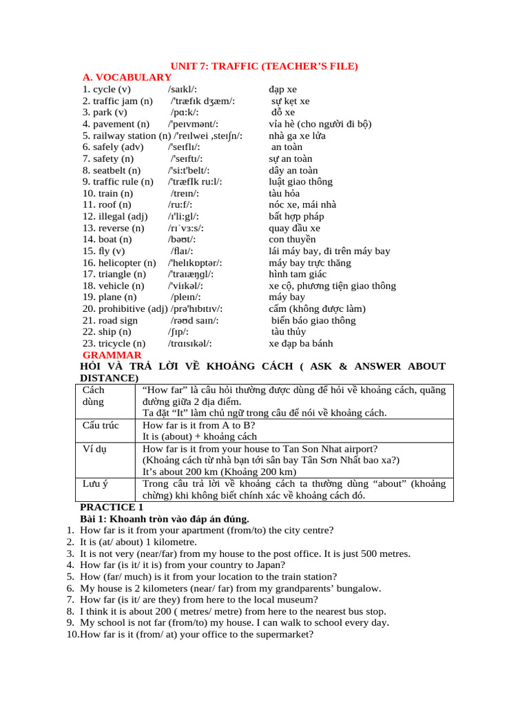 Traffic Vocabulary and Distance Practice | PDF