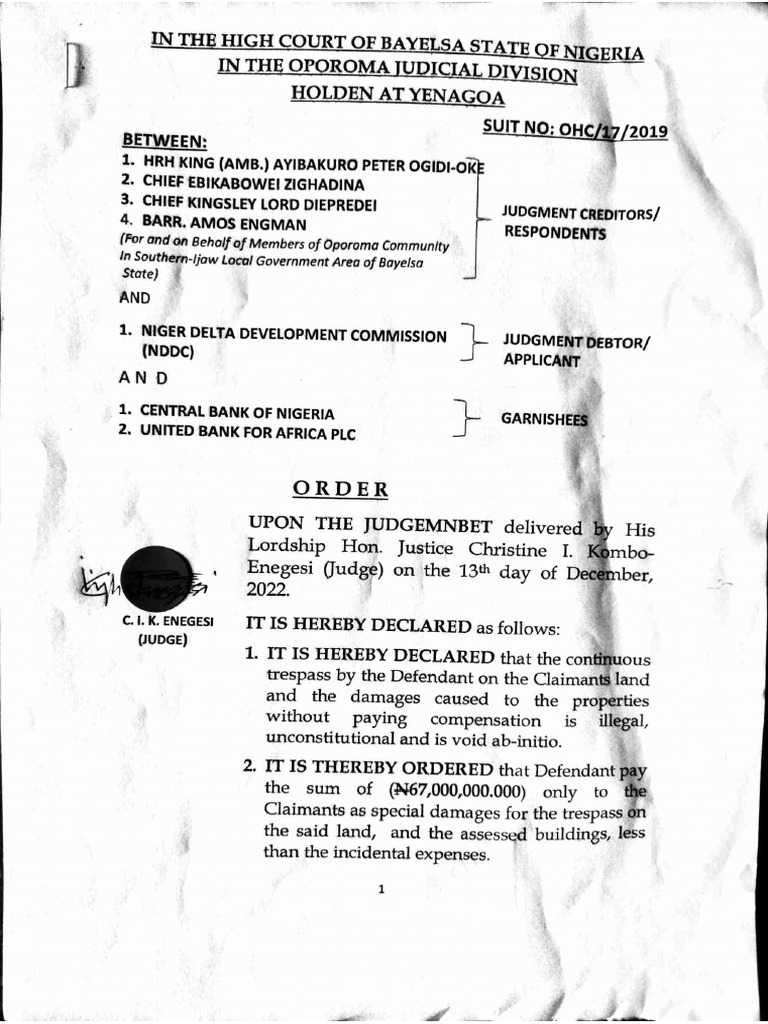 Court Order of Judgment Debt - HRH King Ayibakuro & ors VS NDDC | PDF