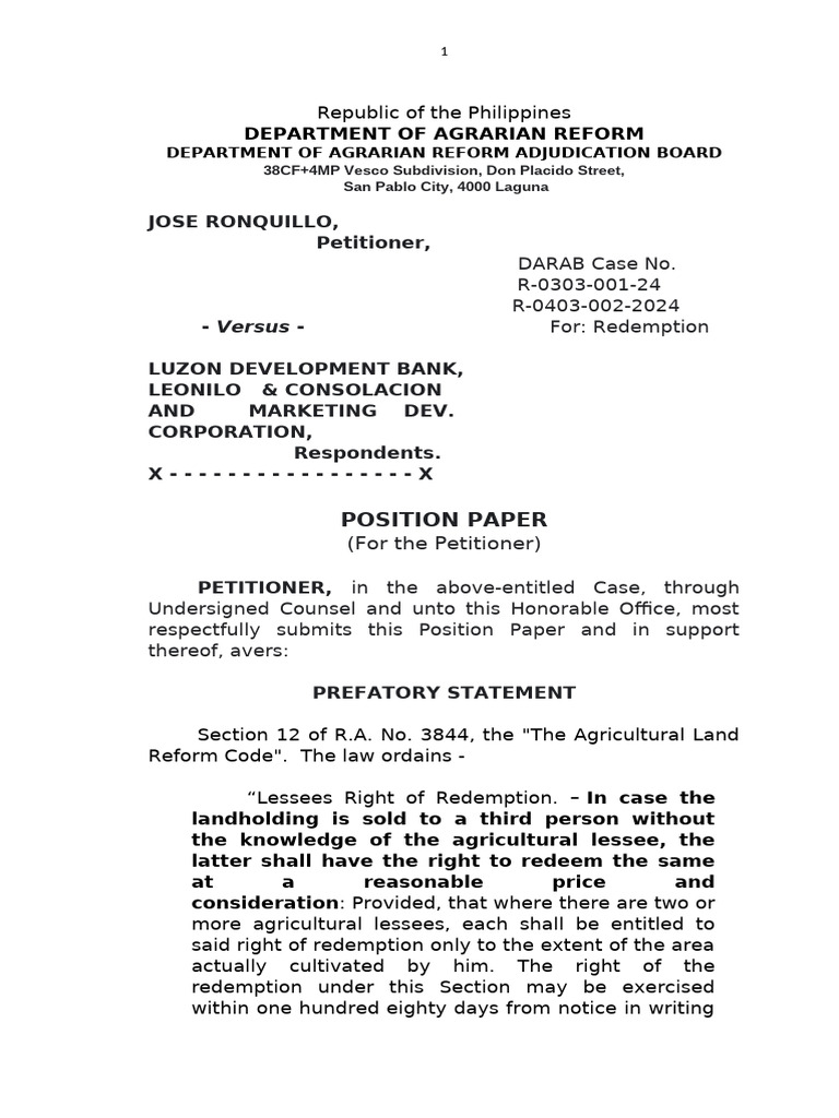 Ronquillo Position Paper Final Draft Edit | PDF | Leasehold Estate | Lease