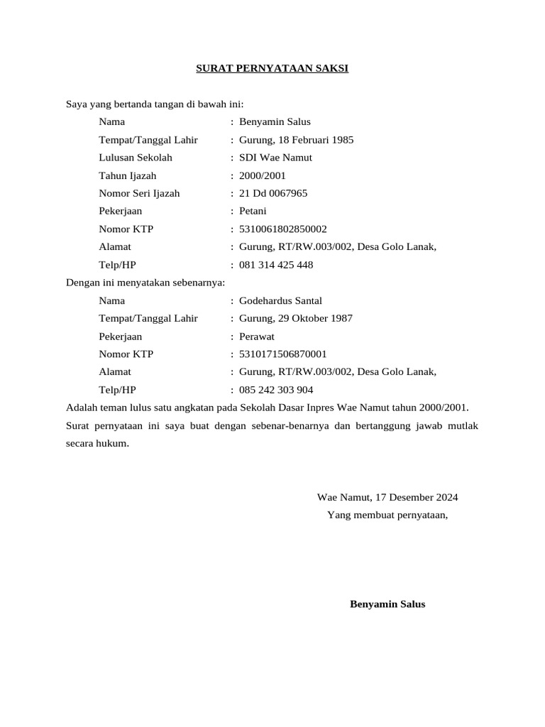 Pernyataan Saksi Benyamin Salus | PDF