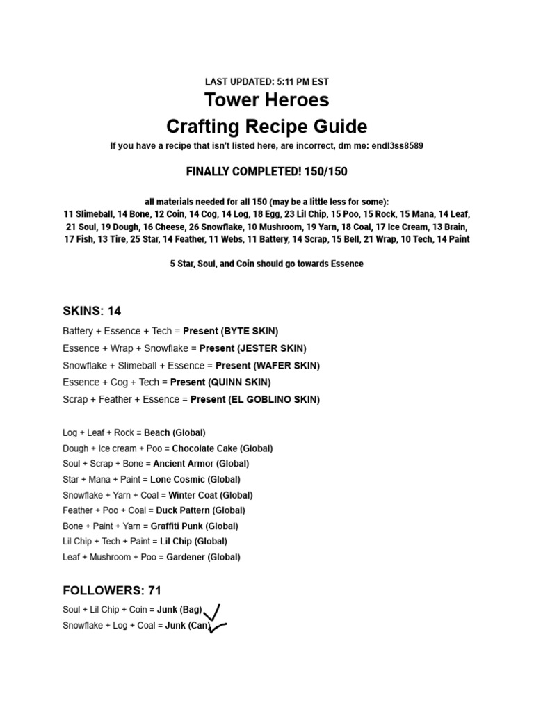 Tower Heroes: Crafting Recipe Guide | PDF